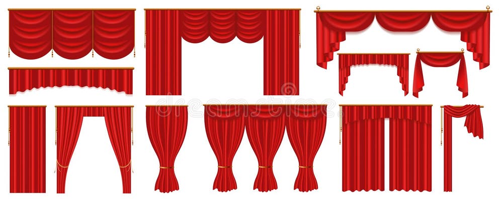 Realistic Red Curtains Mega Set in Flat Graphic Design. Bundle Elements ...