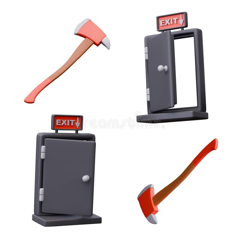 Realistic Red Fire Axe, Open Door with Exit Sign. Set of Objects in ...