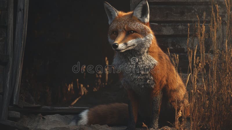 Realistic Red Fox Sitting in Front of a Rustic Wooden Structure Stock ...