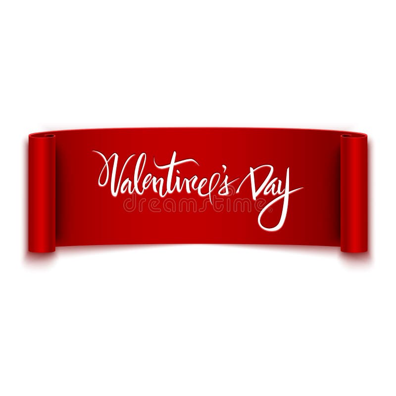 Realistic Red Ribbon with Handwritten Valentine`s Day Text, Vector ...