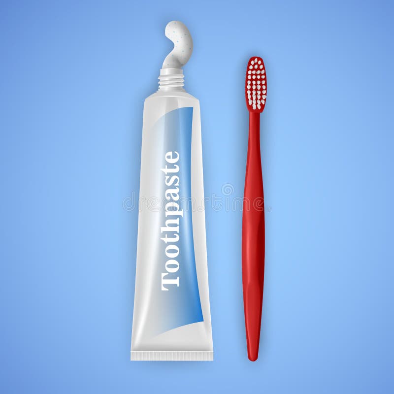 Realistic Red Toothbrush and Toothpaste on Blue Background, Vector ...