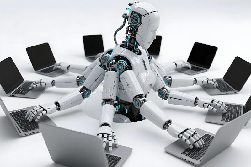 White Humanoid Robot with Blue Joint Accents Emerging from Desk Center ...