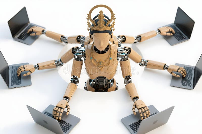 White Humanoid Robot with Blue Joint Accents Emerging from Desk Center ...