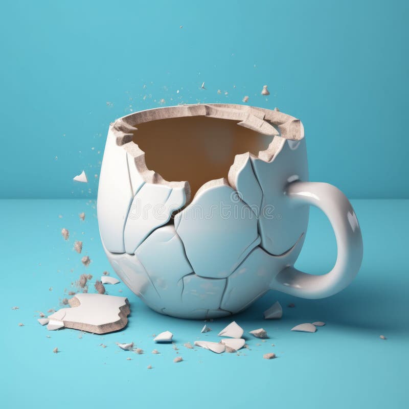 Realistic Rendering of a Broken Cup on Blue Background Stock ...