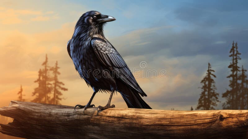 Realistic Rendering of Crow Poll Perched on a Log Stock Illustration ...