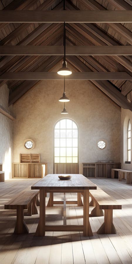 Realistic Rendering of an Empty Dining Room with a Rustic Wooden Table ...
