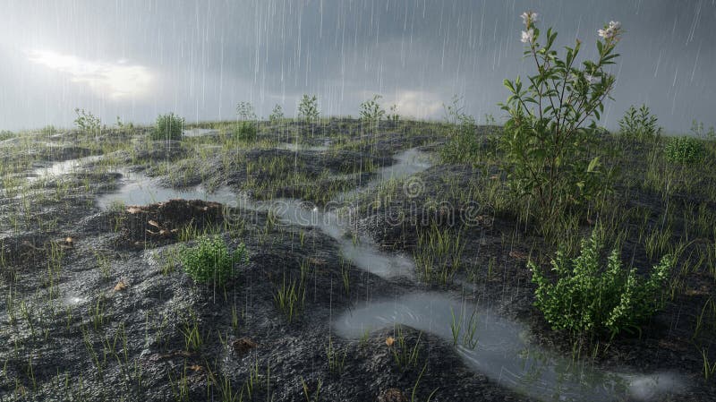 Realistic Rendering of Heavy Rainfall Over a Green and Hilly Landscape ...