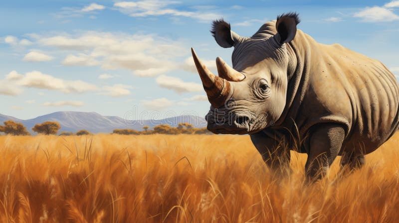 Realistic Rendering Of Rhino Grazing In Tall Grass Stock Illustration Illustration Of