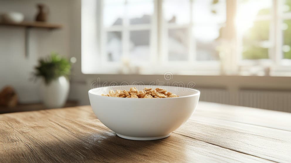 Realistic Rendering of a White Bowl of Cereal on a Rectangular Wooden ...