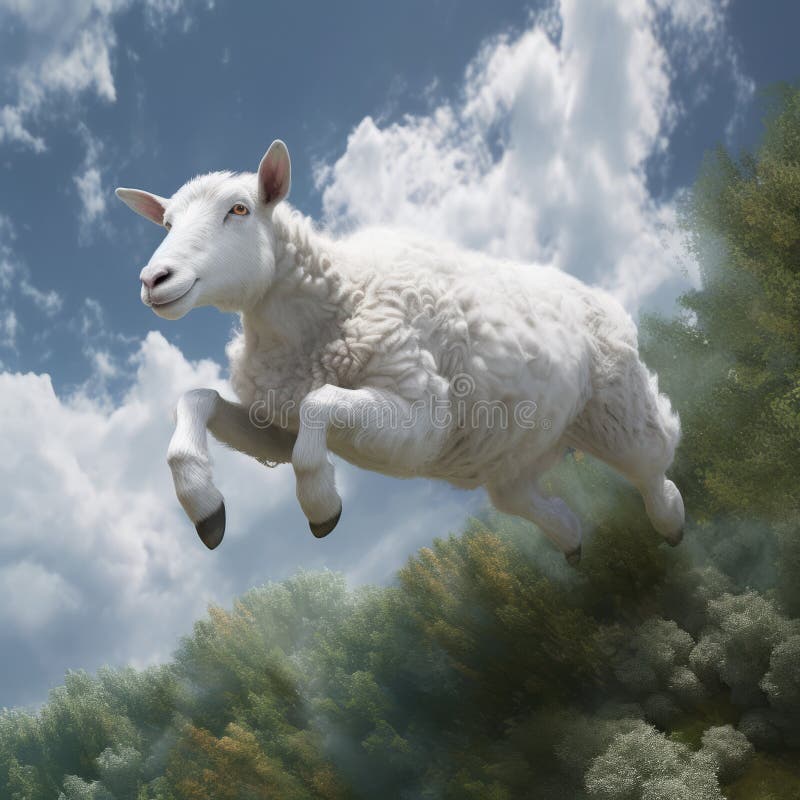 Realistic Rendering of White Sheep Flying Over Forest Stock ...