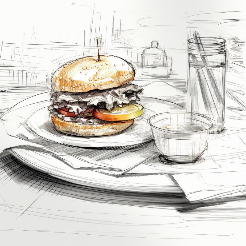 Realistic Restaurant Illustration: Sketch of a Hamburger on a Bar Stock ...