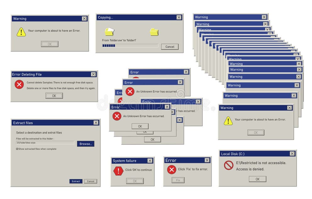 Realistic Retro Operating System Errors Vector Flat Illustration Error ...
