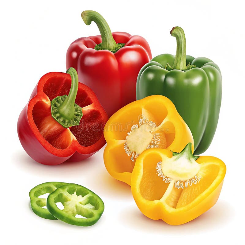Realistic Ripe Raw Bell Pepper Vegetable. Whole, Half and and Slice Cut ...