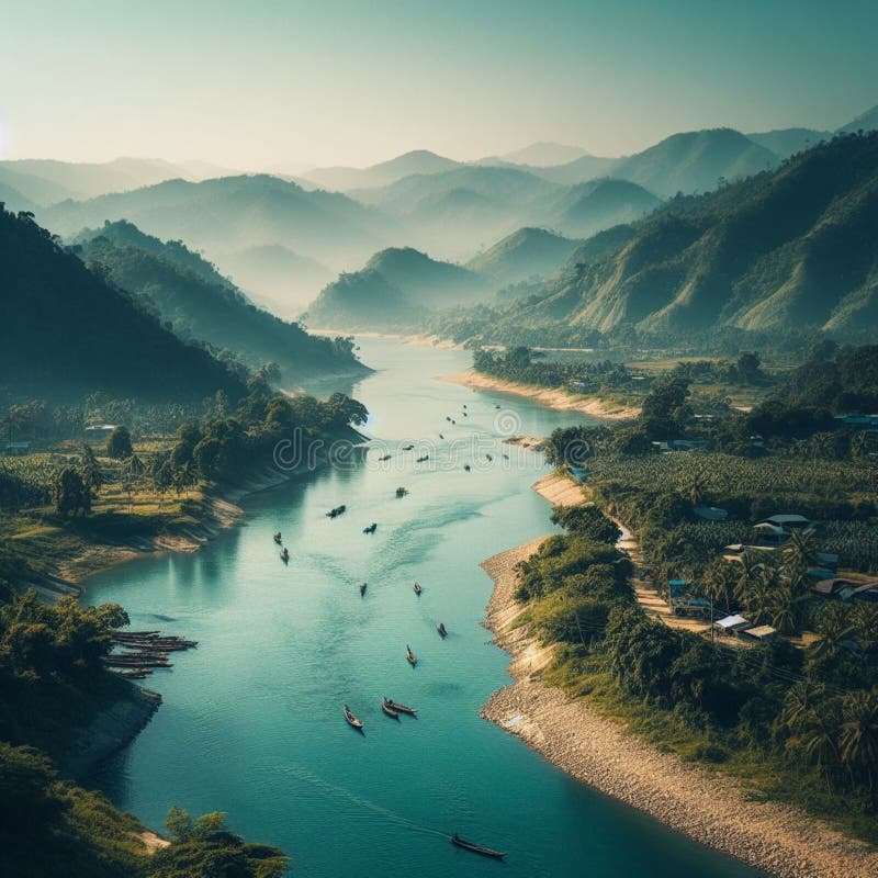 A Realistic River with a Boat Natural Landscape Stock Illustration ...