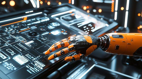 Realistic Robotic Arm Operating on Futuristic Control Panel. Concept of ...