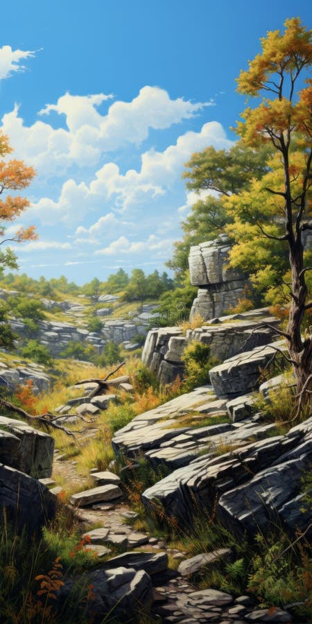 Realistic Rock Scene Painting with Detailed Foliage and Brushstroke ...
