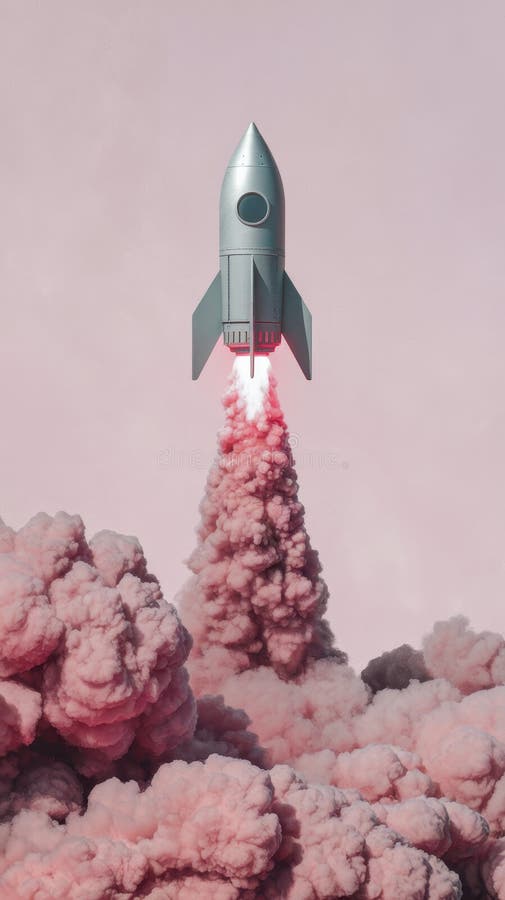Realistic Rocket Launch with Blue and Silver Design Against Pink Clouds ...