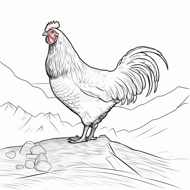 Realistic Rooster Coloring Page With Detailed Rendering Stock