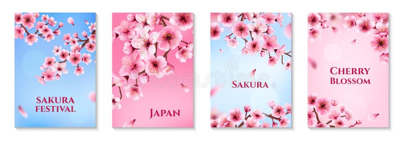 Realistic Sakura Tree Vertical Cards Template Set Stock Illustration ...
