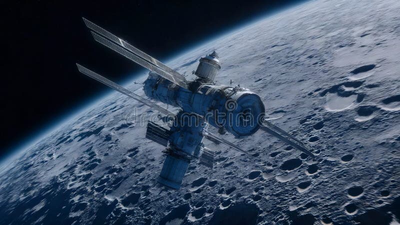Realistic Satellite Floats Above Moons Rugged Surface in Earths Orbit ...