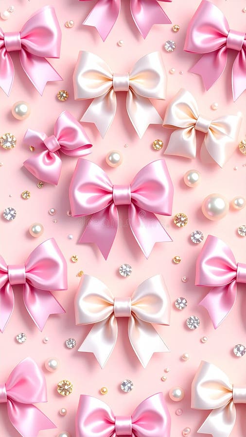 Realistic Satin Bows Pattern with Pearls, Cute Background Bowcore Style ...