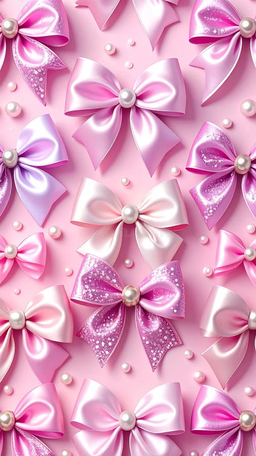 Realistic Satin Bows Pattern with Pearls, Cute Background Bowcore Style ...