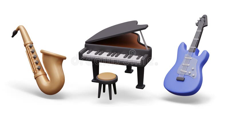 Realistic Saxophone, Piano with Round Stool, Electric Guitar. Set of ...