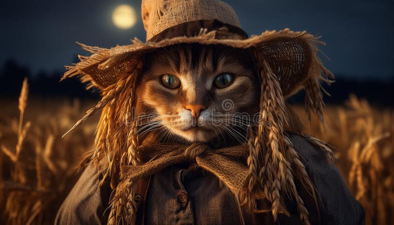 Realistic Scarecrow Cat Under the Moonlight Stock Illustration ...