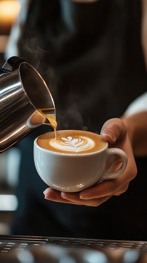 Realistic Scene of a Barista Making Latte Art in a Trendy Cafe, Ample ...