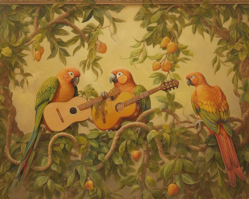 Realistic Scene of Birds Perched on Tree Branches, Singing Their ...