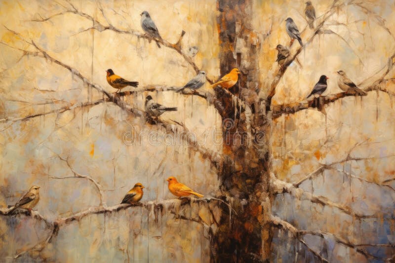 Realistic Scene of Birds Perched on Tree Branches, Singing Their ...