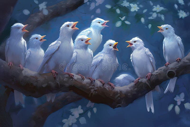 Realistic Scene of Birds Perched on Tree Branches, Singing Their ...