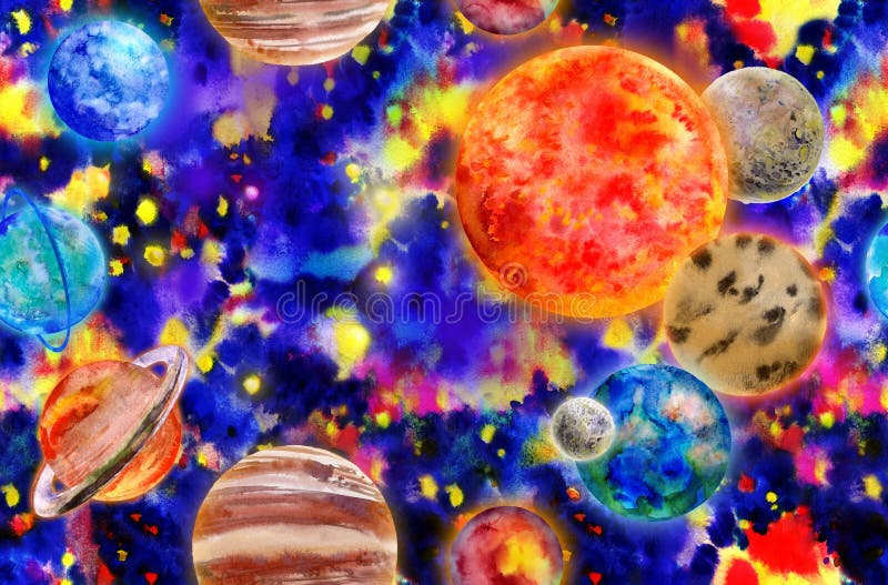 Realistic Seamless Pattern Solar System in Watercolor Against a Bright ...