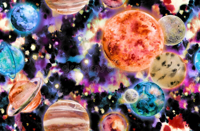 Realistic Seamless Pattern Solar System in Watercolor Against a Bright ...