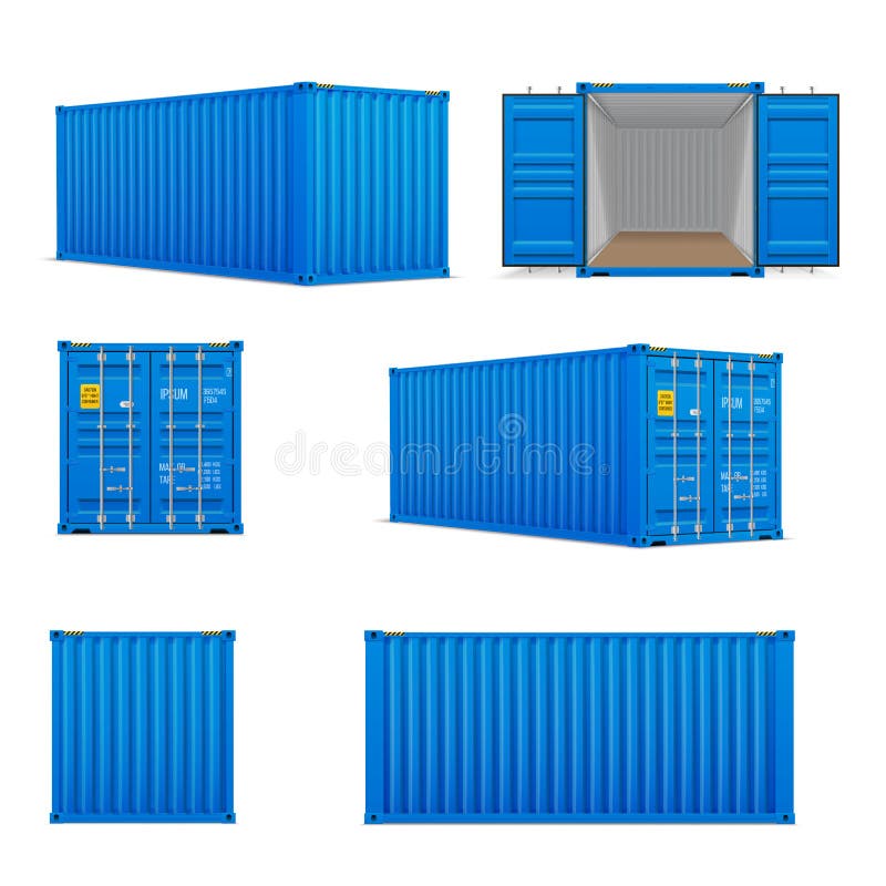 Realistic Set of Bright Yellow Cargo Containers. Front, Side Back and ...
