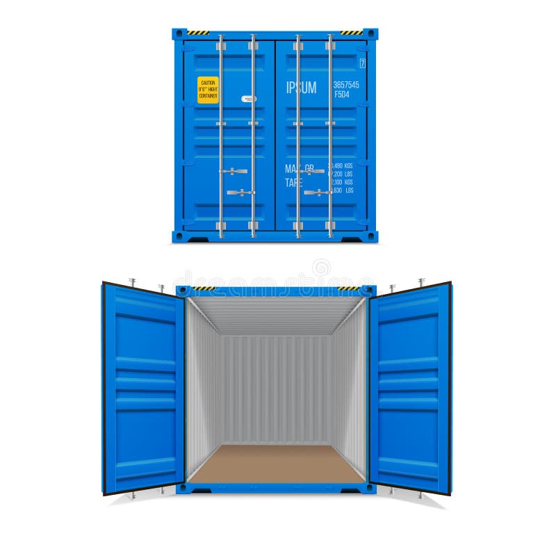 Realistic Set of Bright Blue Cargo Containers. Open and Closed Stock ...