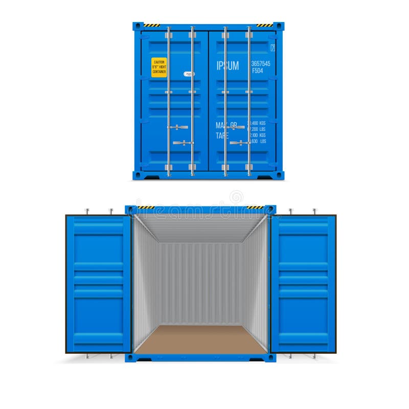 Realistic Set of Bright Blue Cargo Containers. Open and Closed Stock ...