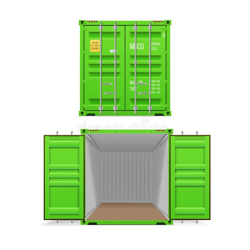 Realistic Set of Bright Green Cargo Containers. Open and Closed. Stock ...