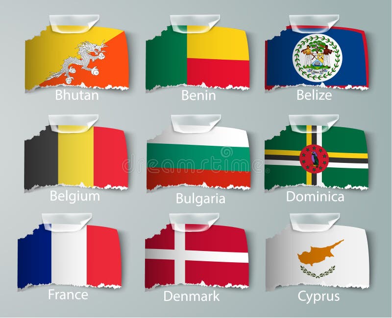 Realistic Set of Flags of Paper of Countries with Tapes Stock ...