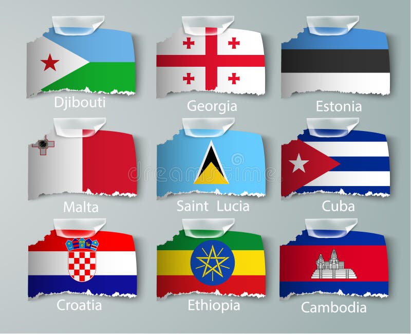 Realistic Set of Flags of Paper of Countries with Tapes Stock ...