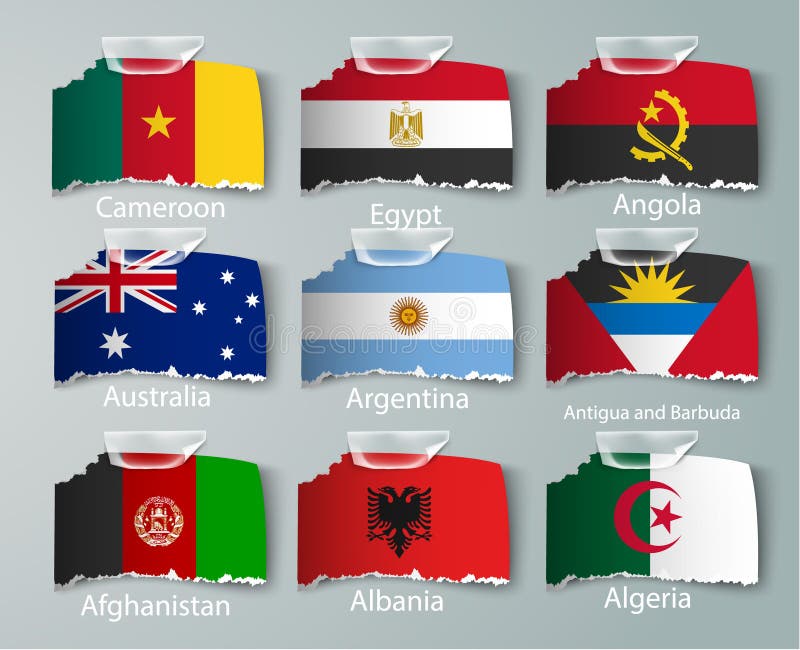 Realistic Set of Flags of Paper of Countries with Tapes Stock ...