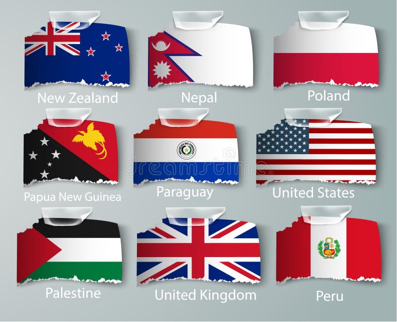 Realistic Set of Flags of Paper of Countries with Tapes Stock ...