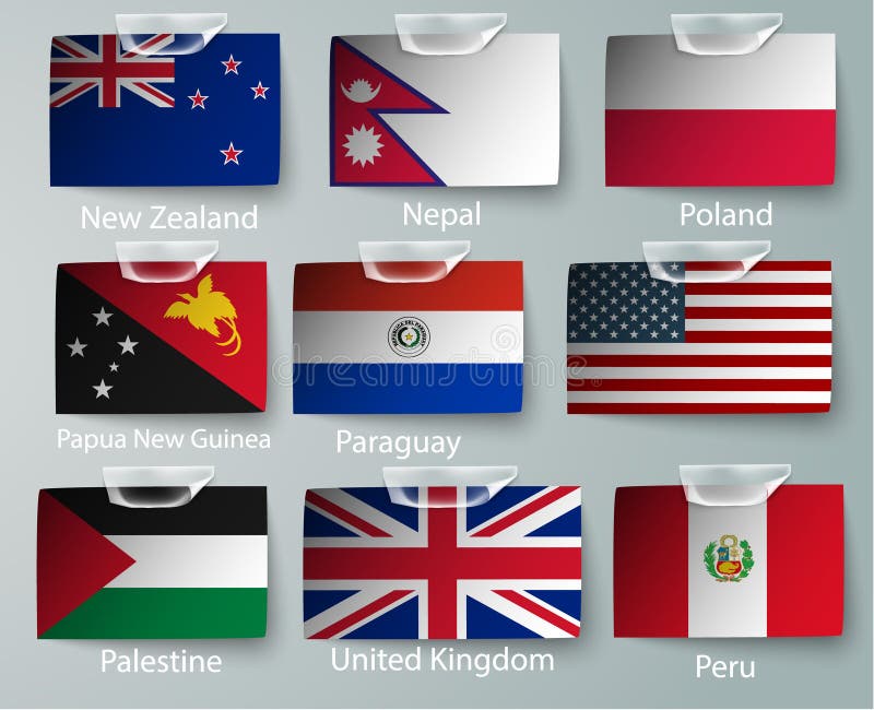 Realistic Set of Flags of Paper of Countries with Tapes Stock ...
