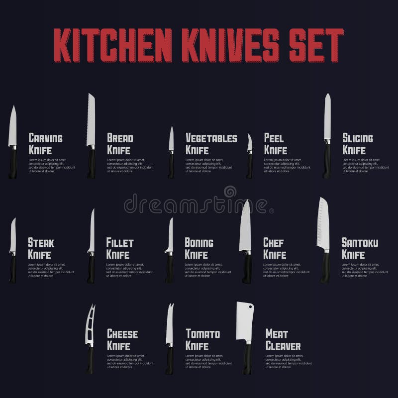 Realistic Set of Kitchen Knives with Names. Vector Illustration. Stock ...