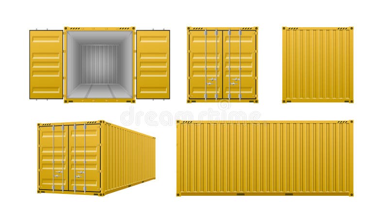 Realistic Set of Yellow Cargo Containers. Front, Side and Back View ...