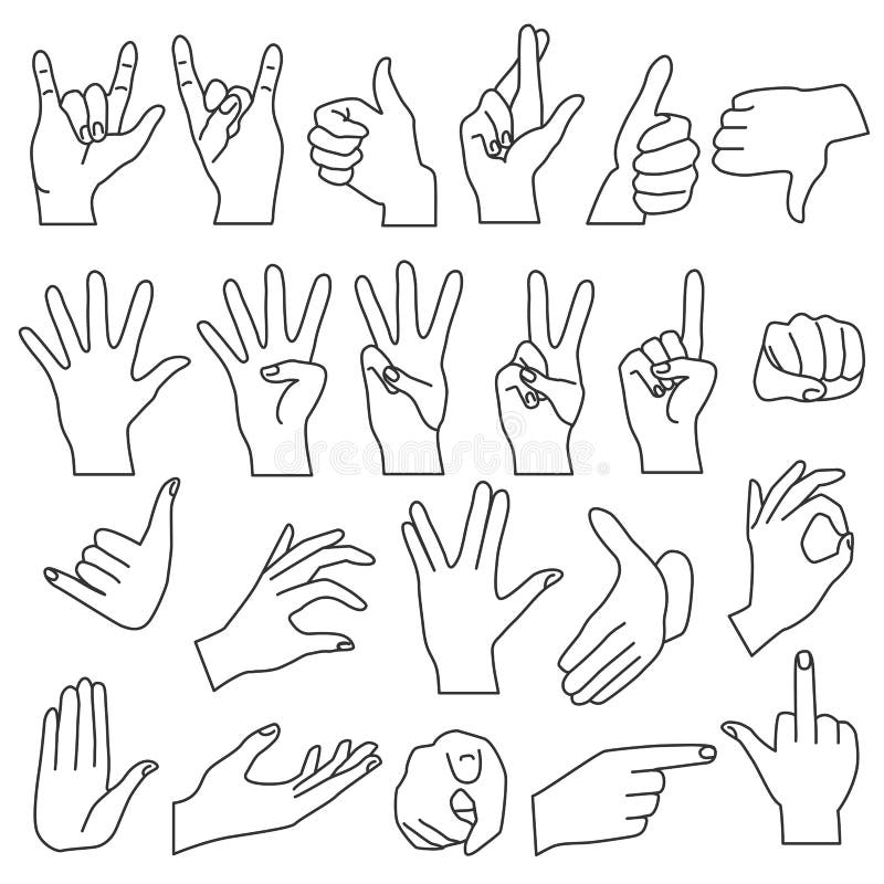 Realistic Shape Hand Gestures Outline Line Stroke Icons Set. Stock ...