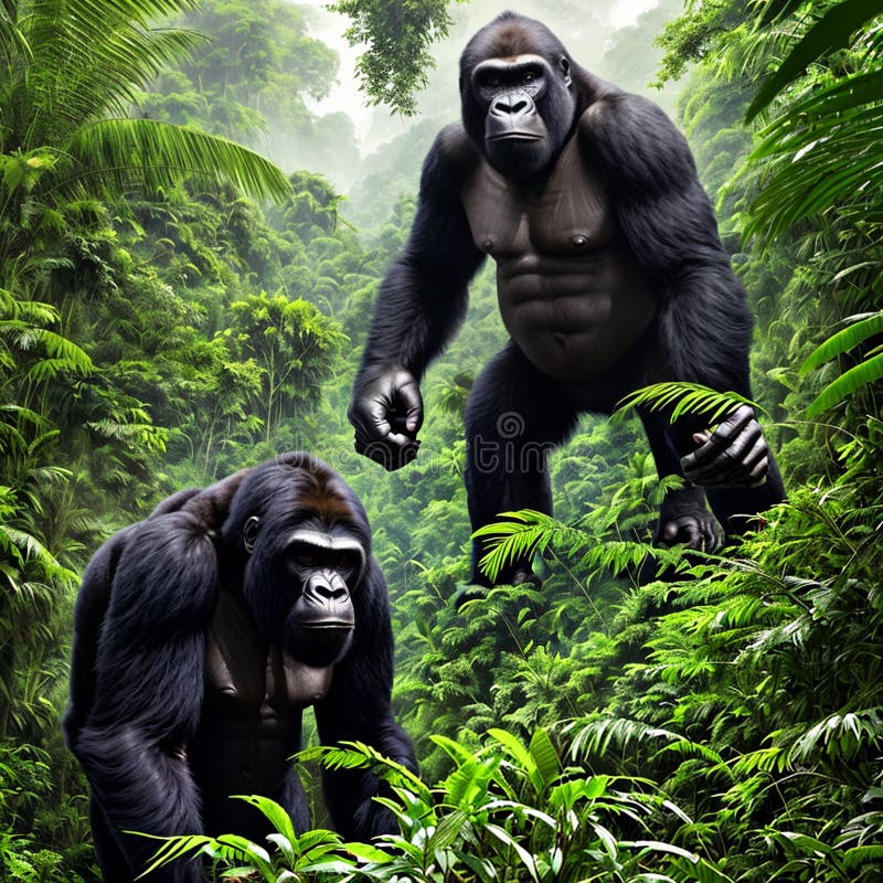 Strong AI Generated Gorillas in the Jungle Stock Illustration ...