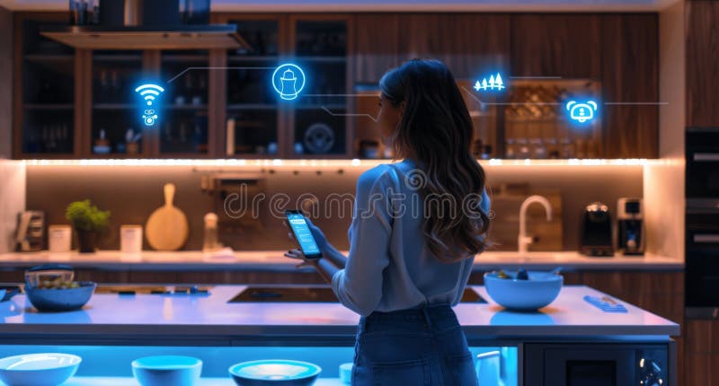 Woman Using Smart Technology in a Modern Kitchen with Digital Interface ...