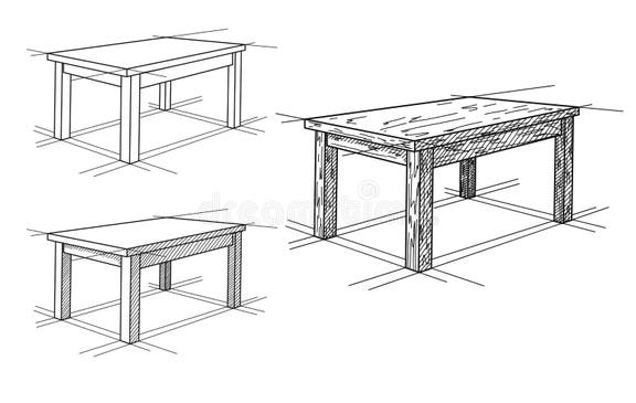 Realistic Sketch of Different Tables in Perspective. Table Set Stock ...