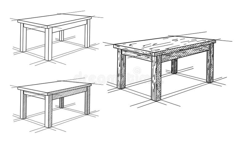 Realistic Sketch of Different Tables in Perspective. Table Set Stock ...
